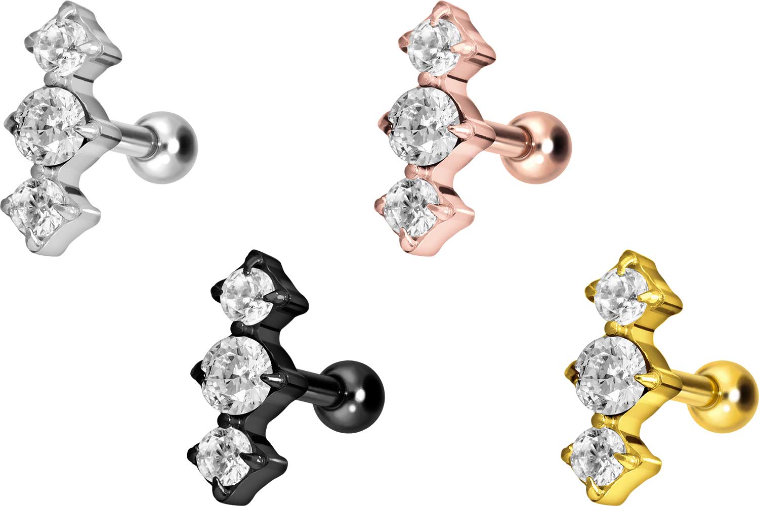 Titanium ear piercing with internal thread 3 SETTED CRYSTALS | PIERCINGLINE